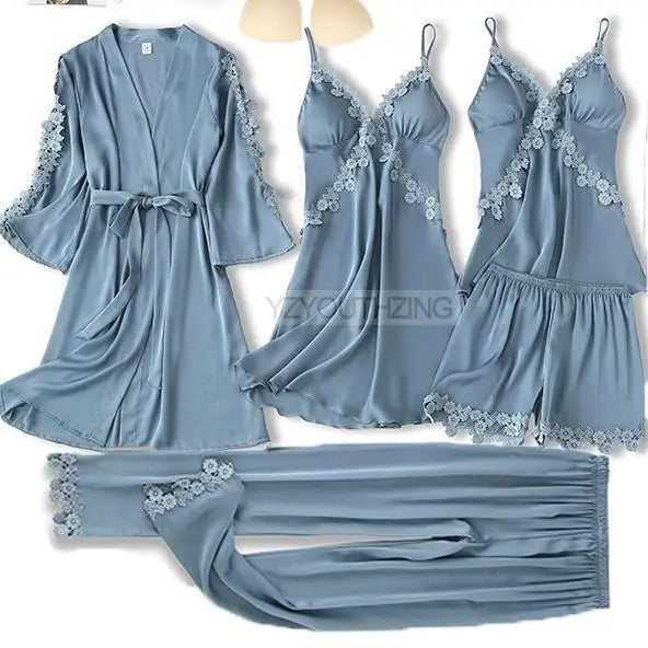 5PCS Robe Suit Satin Women Nightwear Lace Kimono Gown Bridal Wedding ...