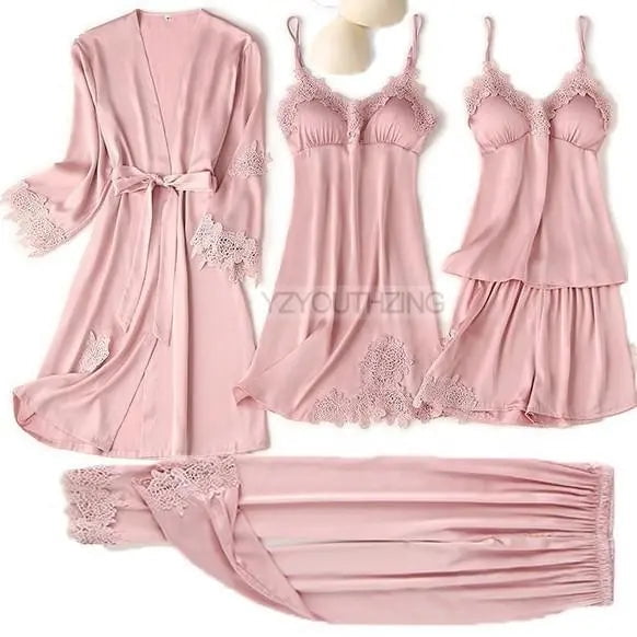 5PCS Robe Suit Satin Women Nightwear Lace Kimono Gown Bridal Wedding ...