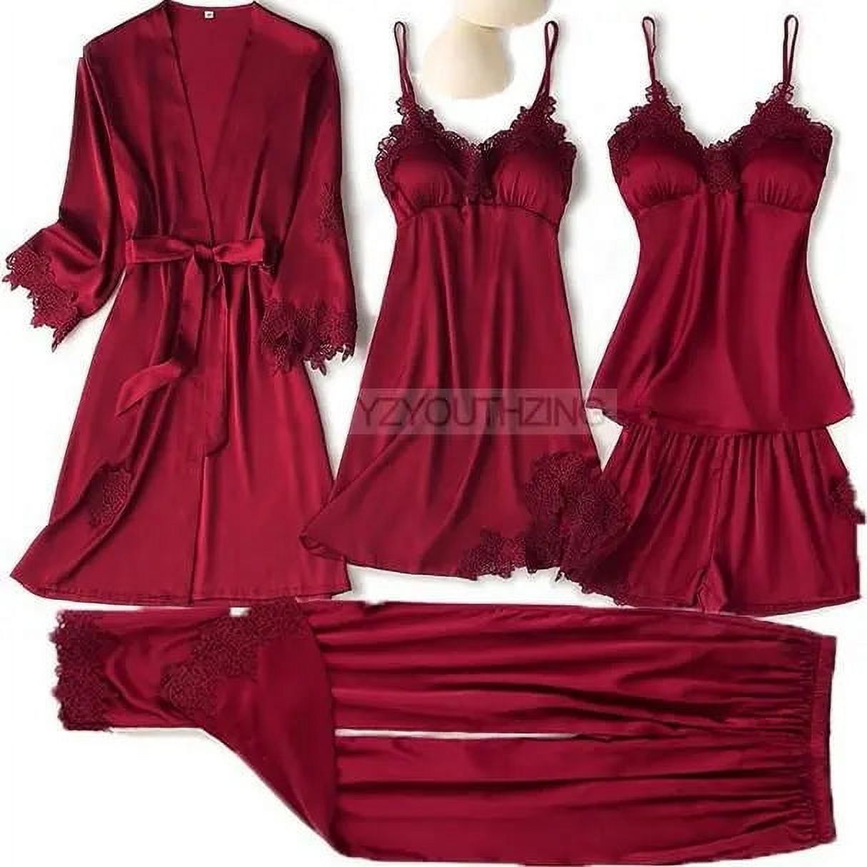 5PCS Robe Suit Satin Women Nightwear Lace Kimono Gown Bridal Wedding ...