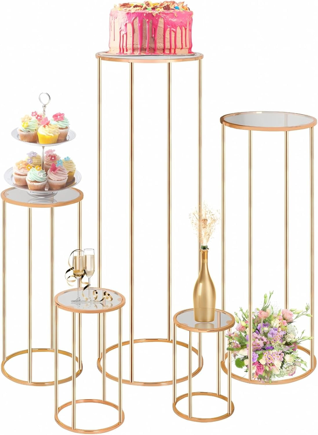 5PCS Round Gold Cake Stand for Party, Tall Metal Pedestal Stands for ...