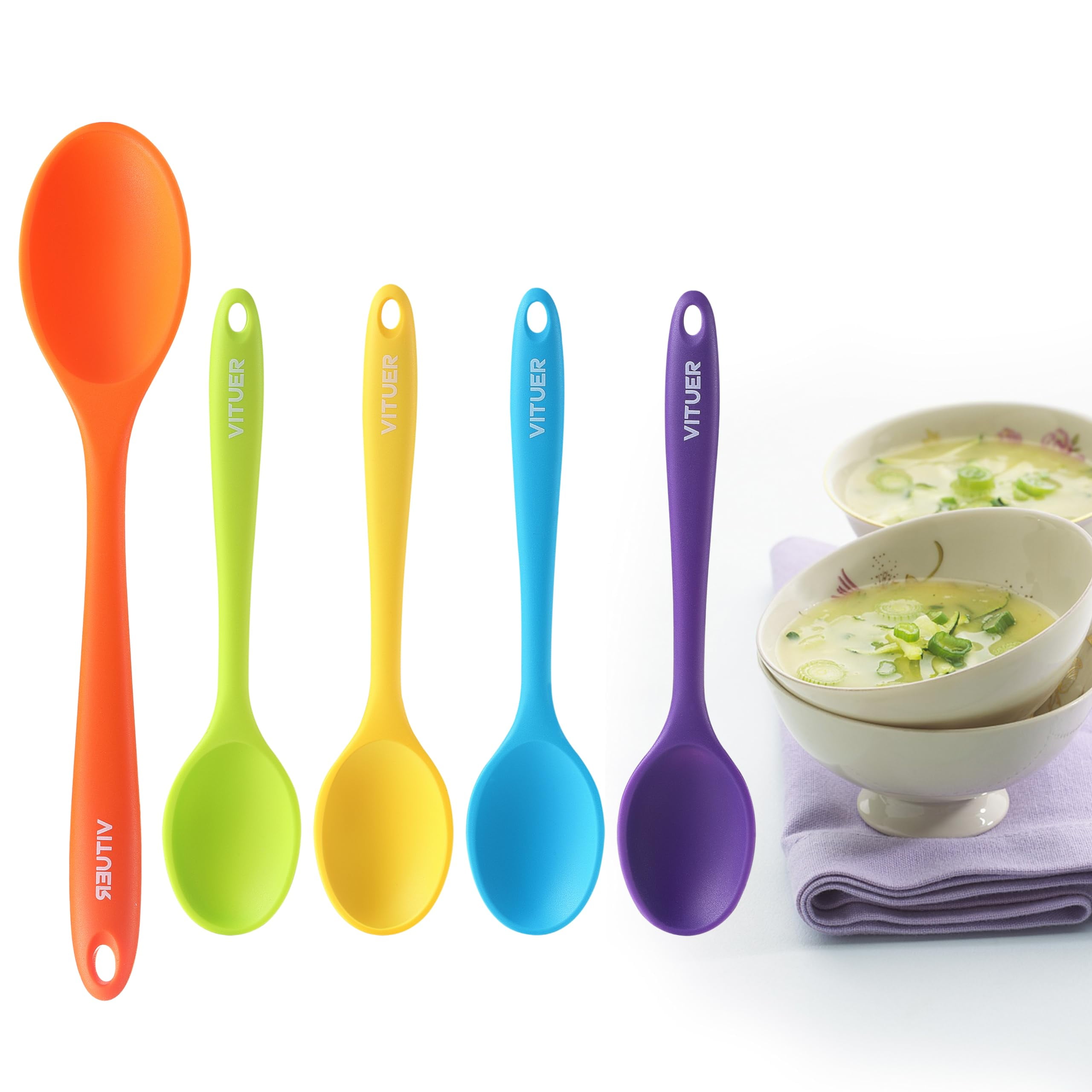 5PCS Silicone Cooking Spoons Set, Kitchen Serving Spoons for Mixing ...