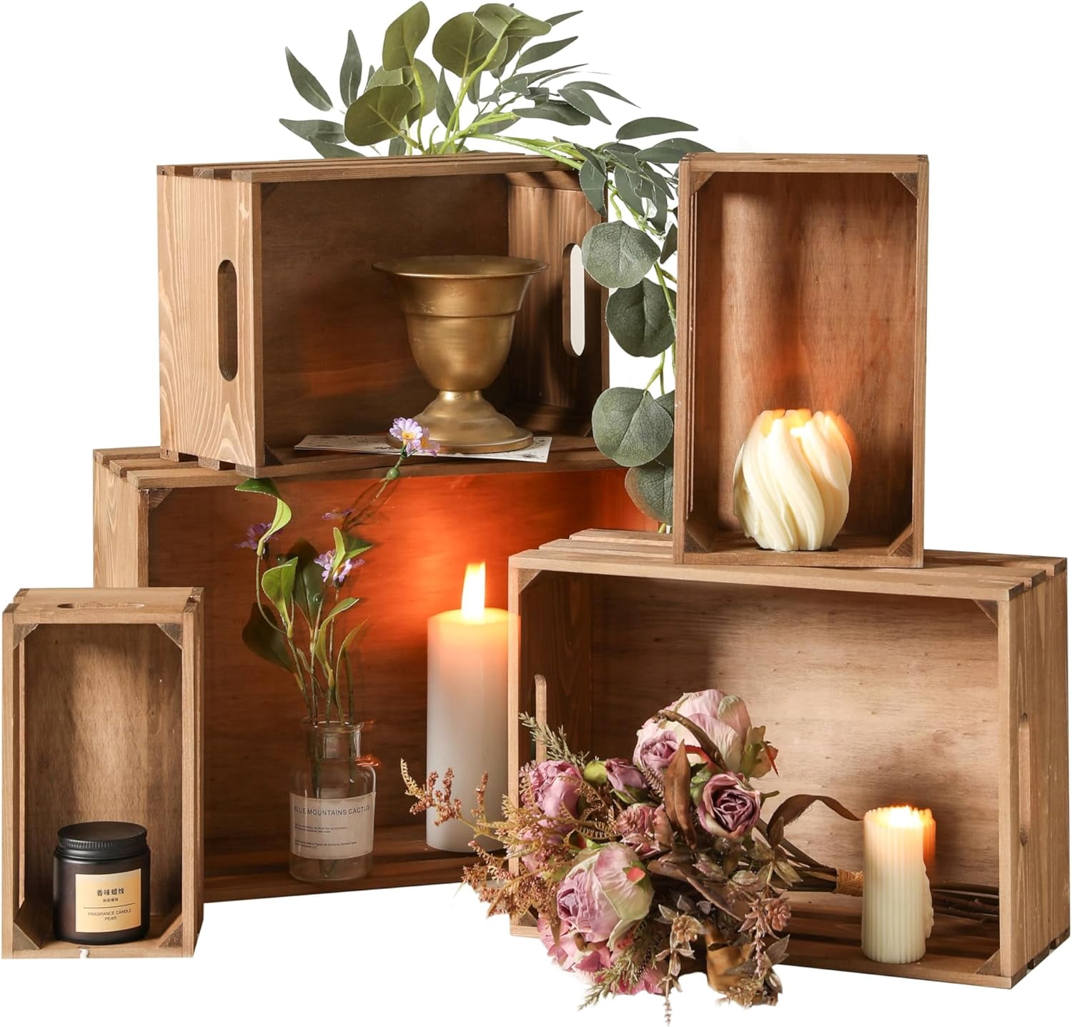 5PCS Vintage Wooden Crates Set, Rustic Wood Boxes for Storage & Display ...