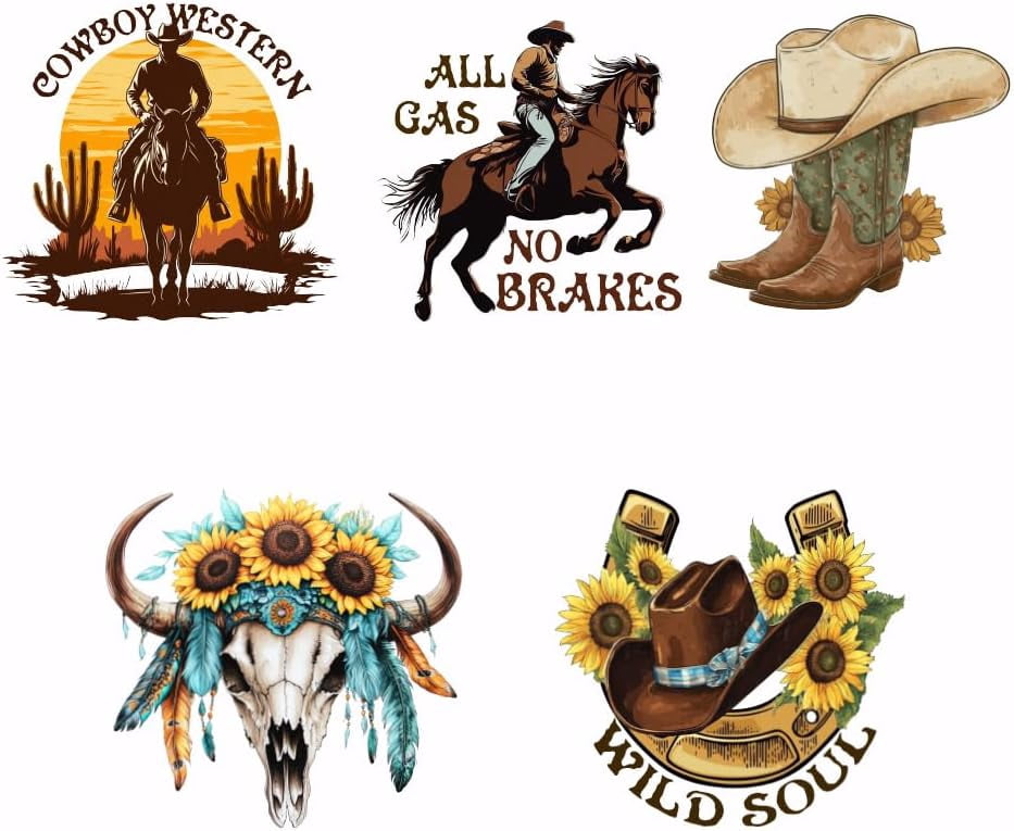 5PCS Western Cowboy Iron On Transfer Patches Western Theme Heat ...