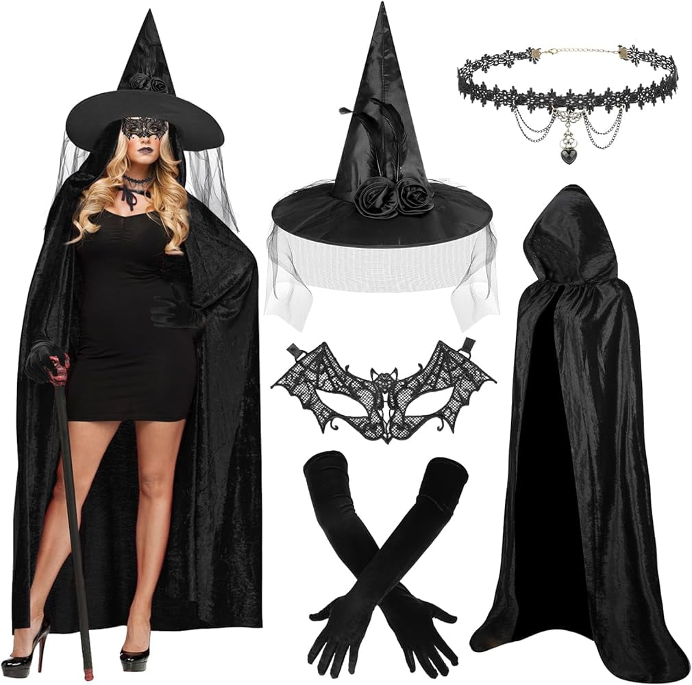 5PCS Witch Costume Set for Women, Black Witches Hooded Cape Hat Bat ...