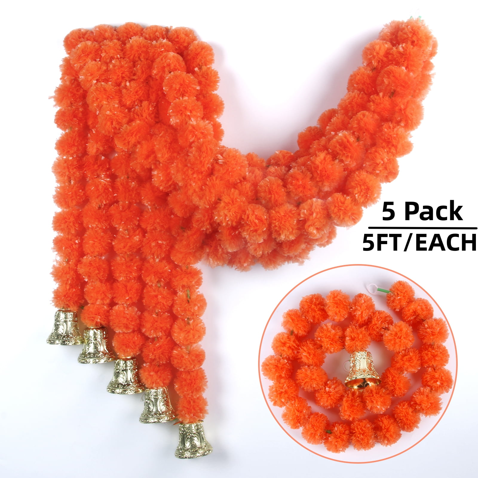 5Pack Indian Hanging 25ft Marigold Garland with Bells for Wedding ...