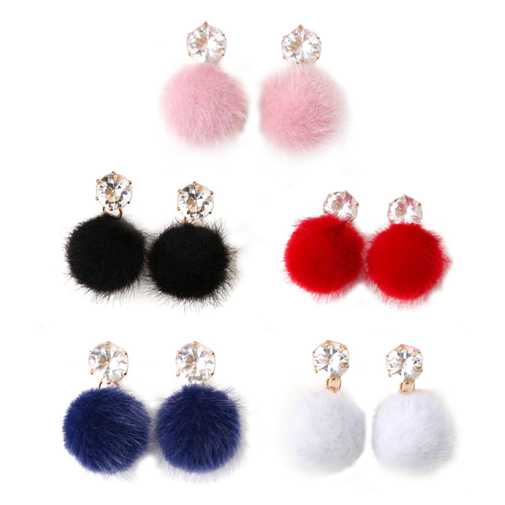 5Pairs Women Fashion Earrings Fluffy Pompom Fur Ball Earring Female ...