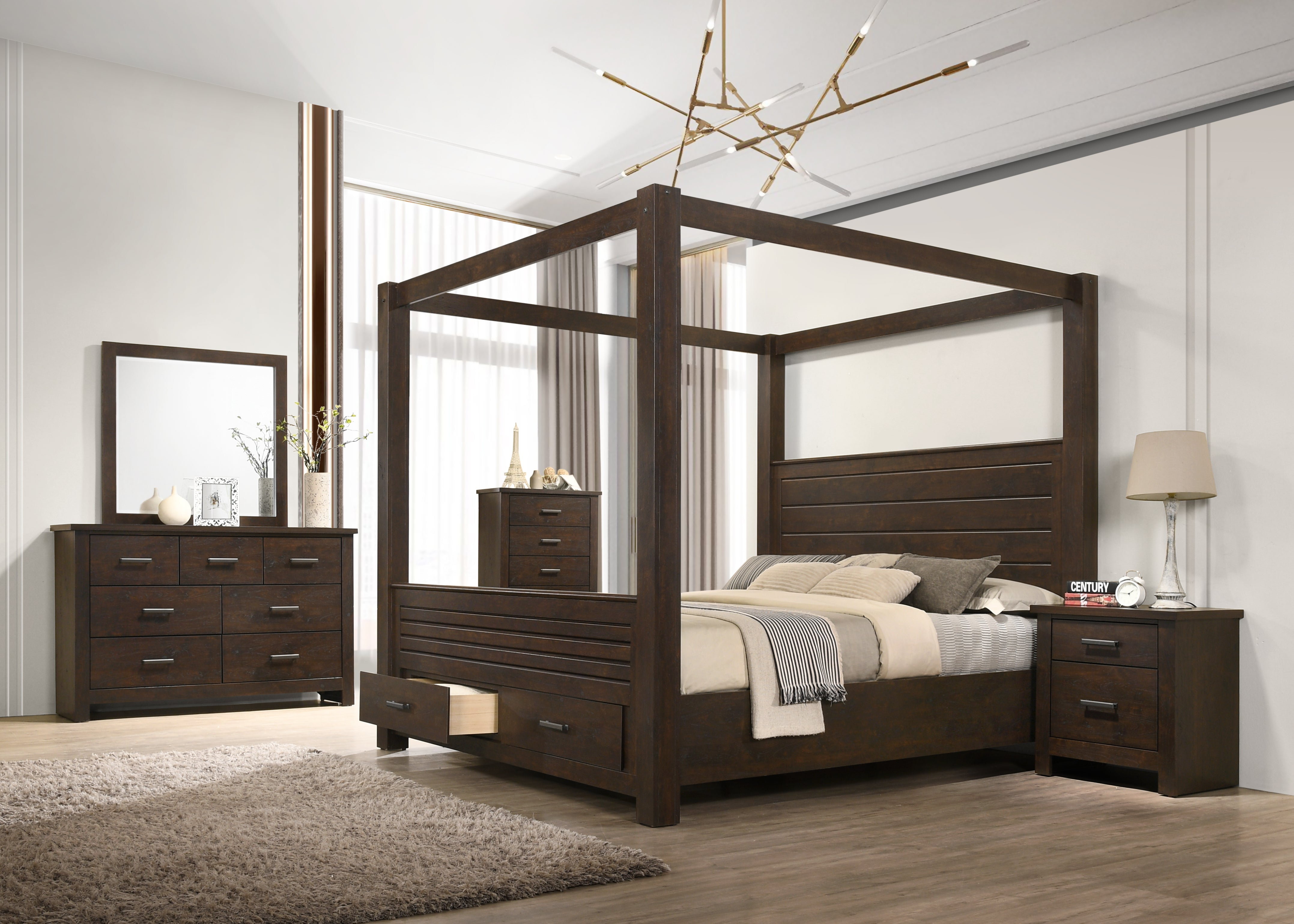 5Pc Brown King Canopy Bed Set Storage Footboard Luxurious Bedroom ...