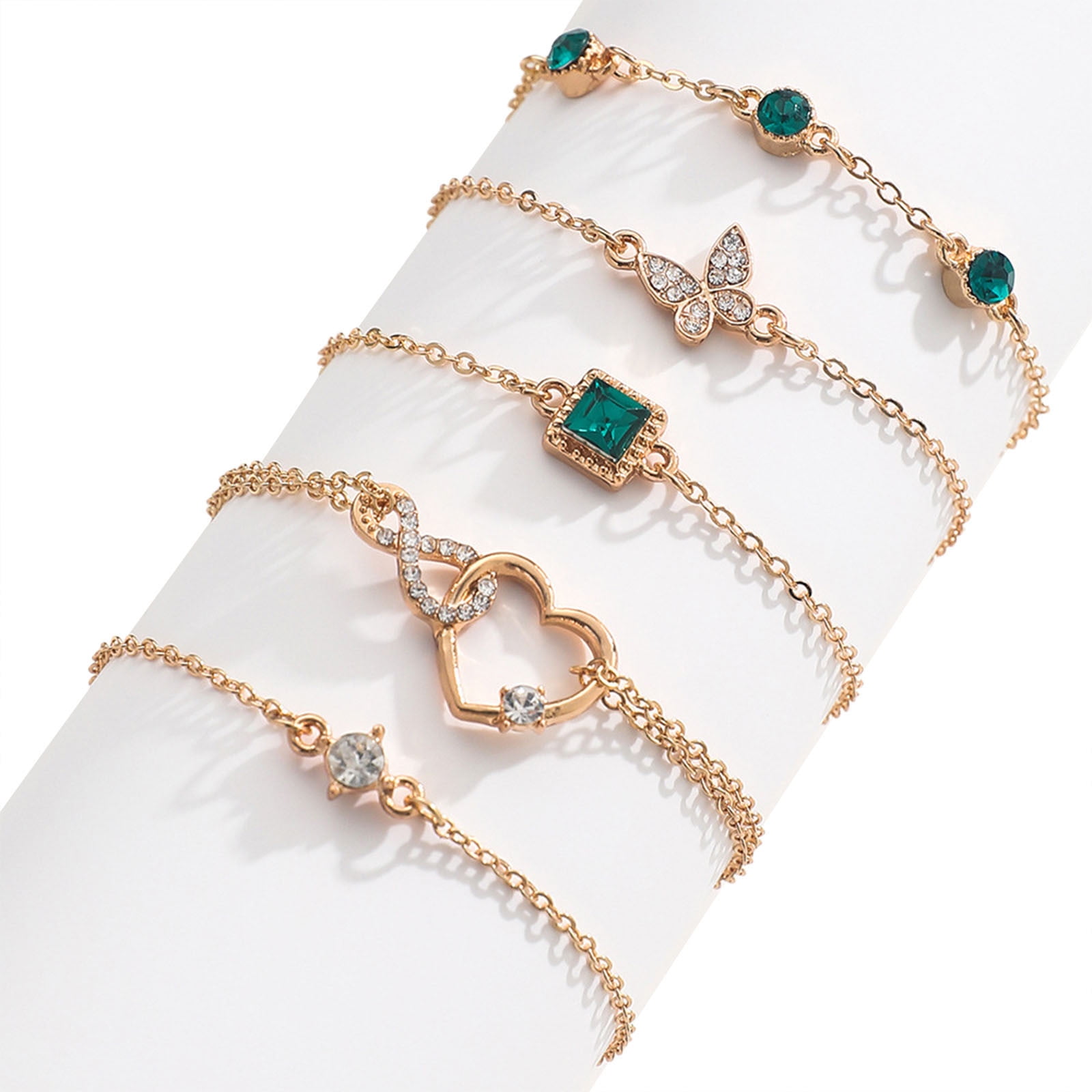 5Pc Summer Women Green Square Rhinestone Beach Bracelet Bangle Chain ...