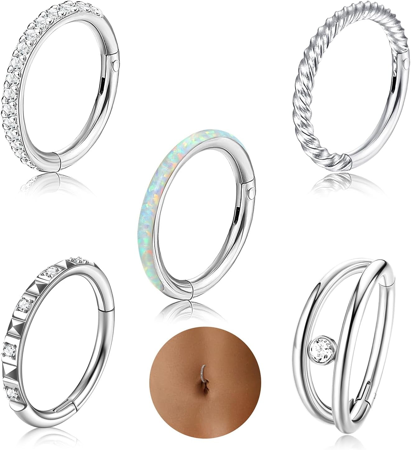 5Pcs 14G Belly Button Rings 316L Surgical Steel Belly Ring Hoop Opal CZ ...