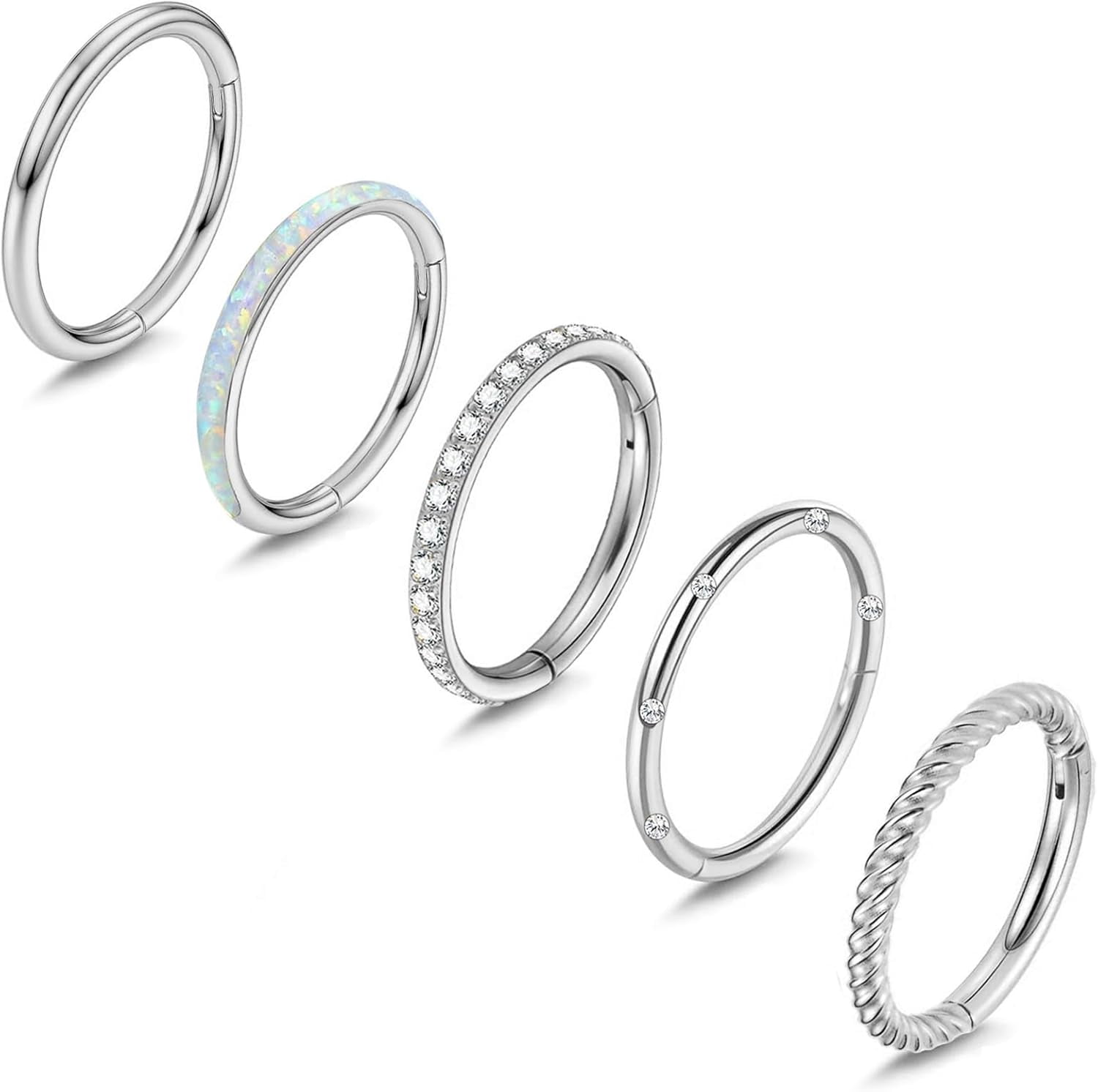 5Pcs 16G Surgical Steel Nose Rings Hoop for Women Opal Clicker Hinged ...
