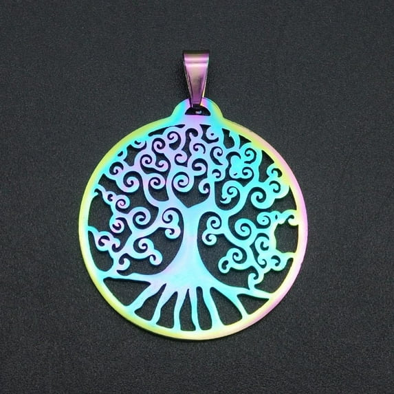 5Pcs 201 Stainless Steel Tree of Life Pendants Flat Round with Tree of ...
