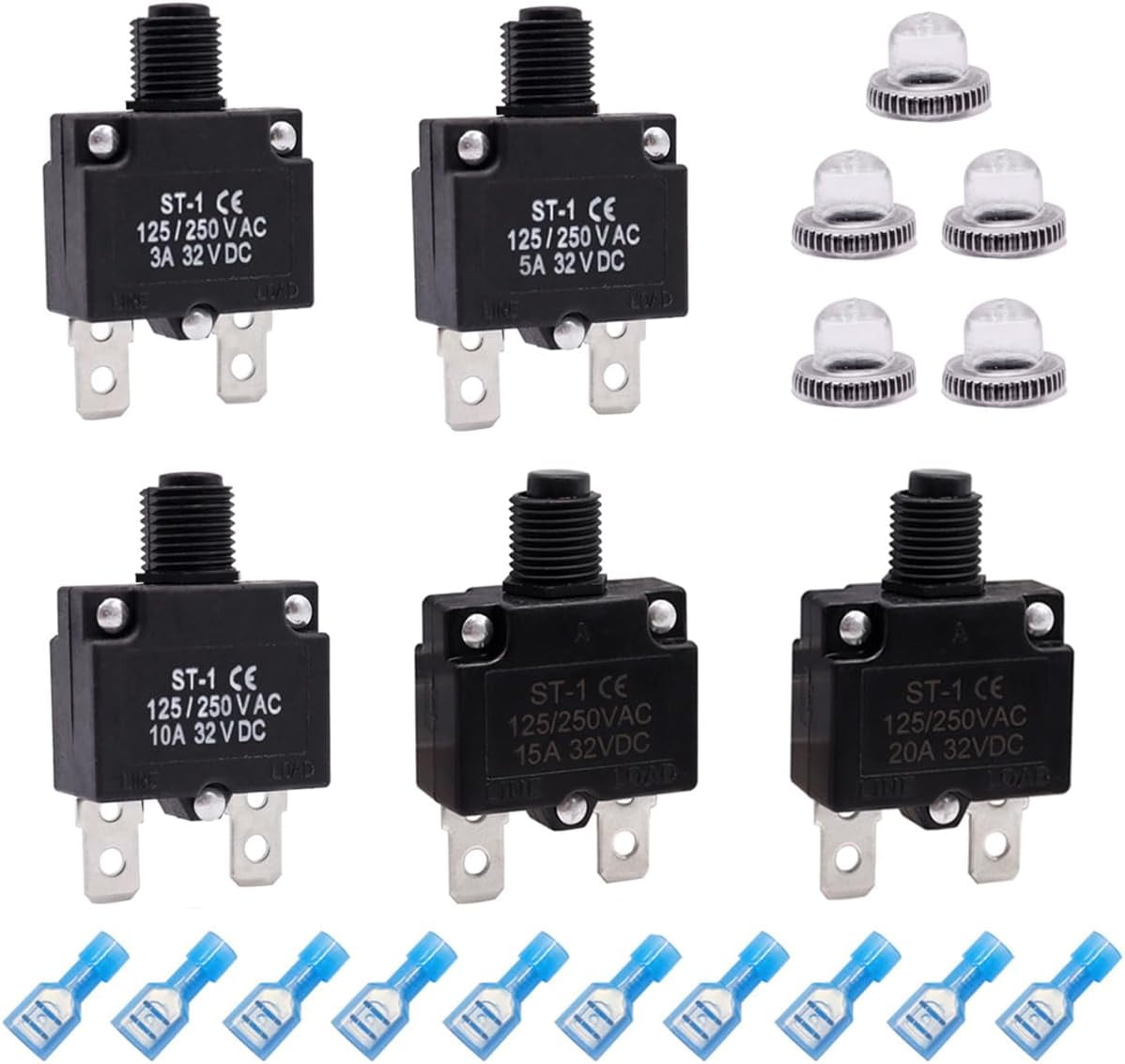 5Pcs 3,5,10,15,20Amp Circuit Breakers Push Button Manual Reset 125/250V ...
