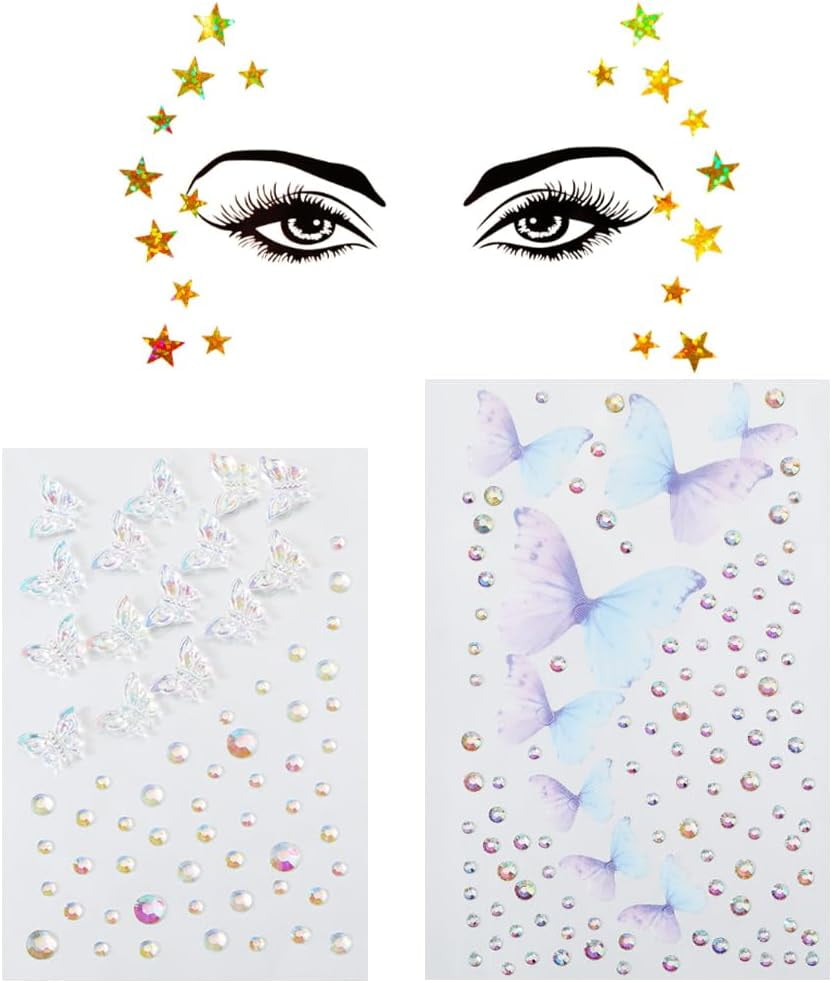 5Pcs 3 Styles Face Rhinestone Stickers Acrylic Self Adhesive Sparkly ...