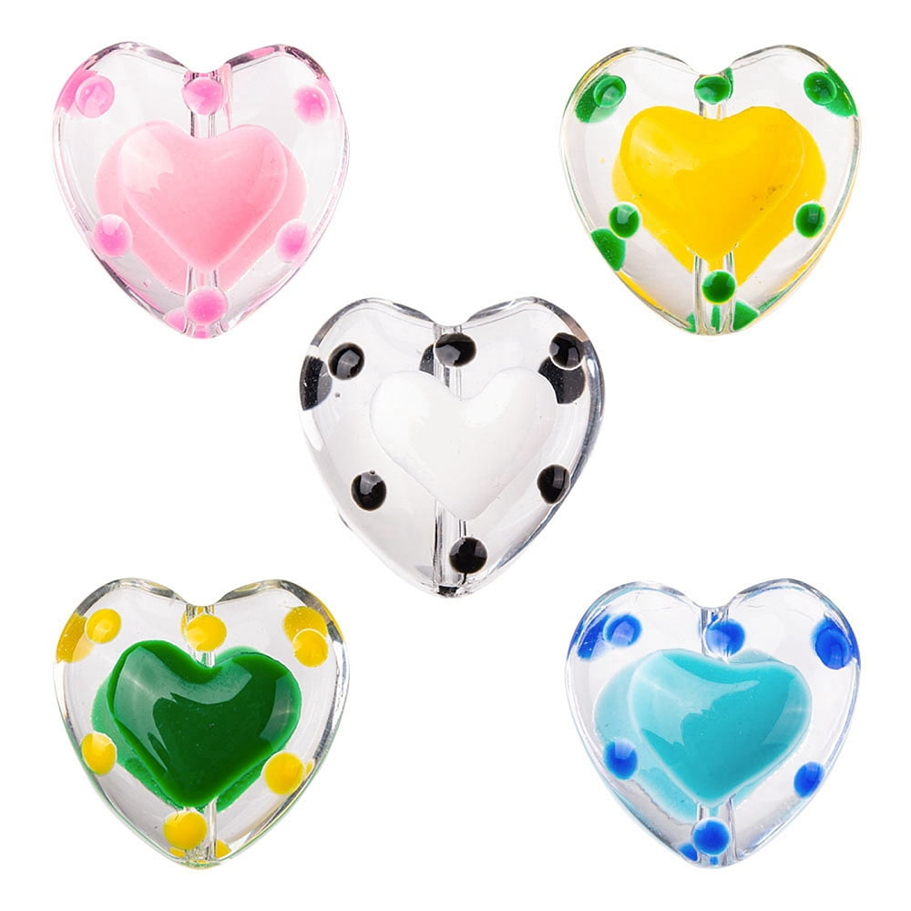 5Pcs 5 Colors Transparent Glass Heart Beads Hand Drawn Beads with ...