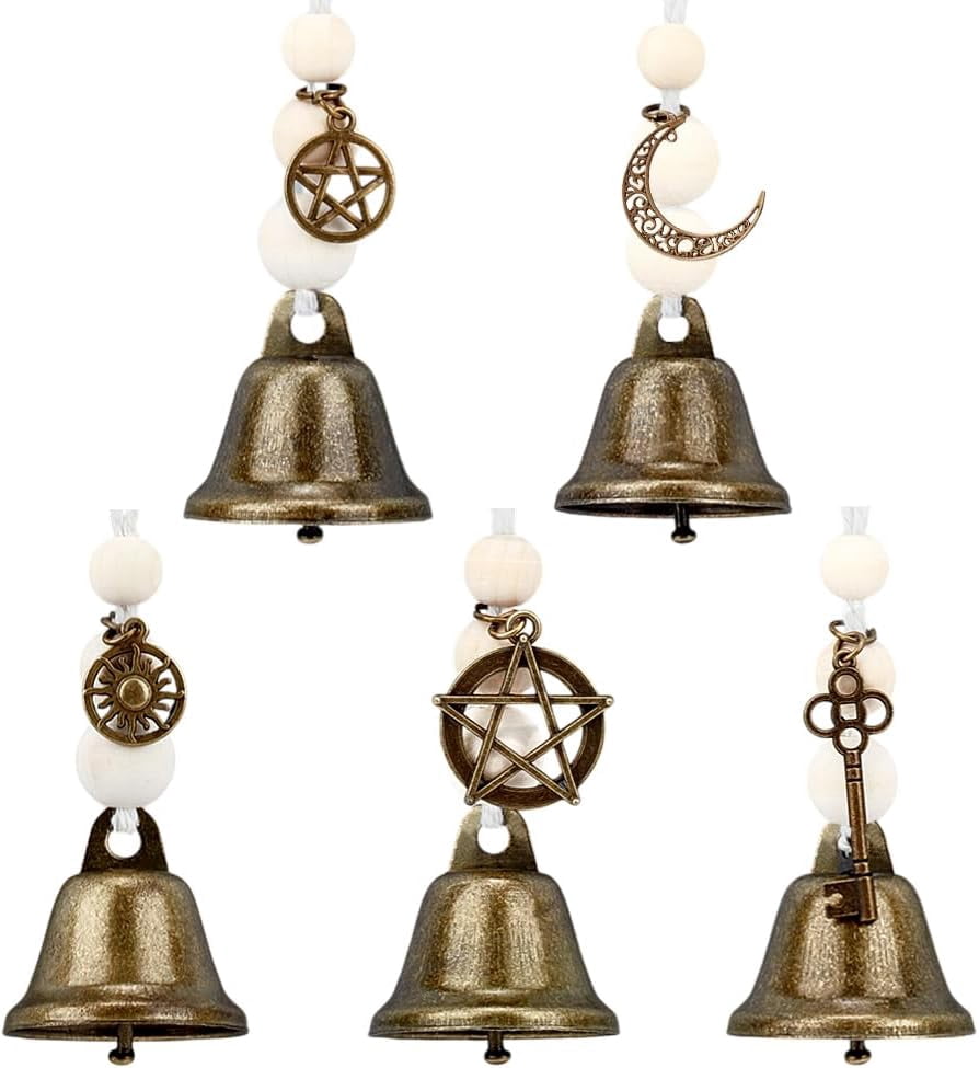 5Pcs 5 Sets Iron Bell Hanging Ornaments Wood Round Bead Macrame Cotton ...