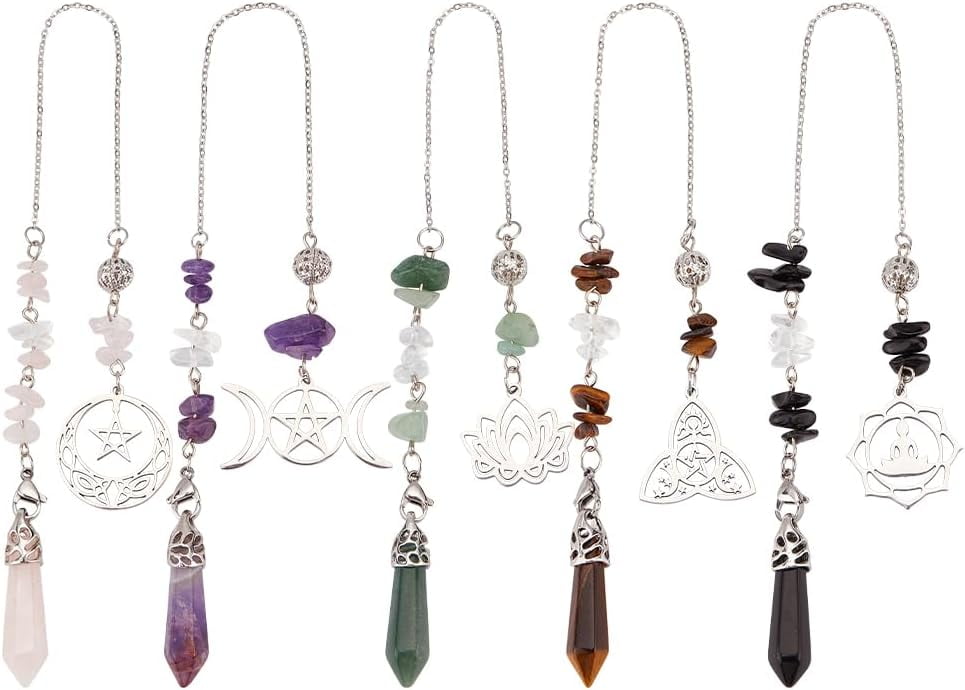 5Pcs 5 Style Gemstone Pointed Dowsing Pendulums Star and Moon Crystal Pendulum for Divination ...