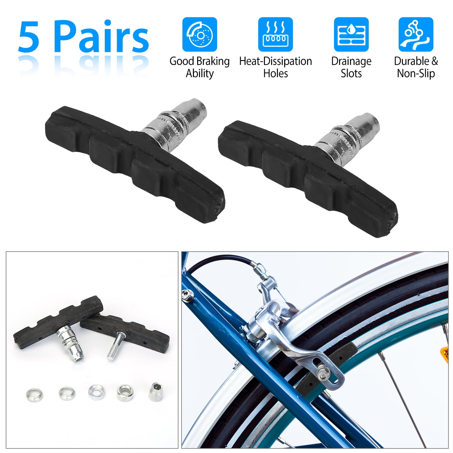 5Pcs 70mm Rubber Road V Bike Brake Pad, Non-Slip Bicycle Brake Blocks w ...