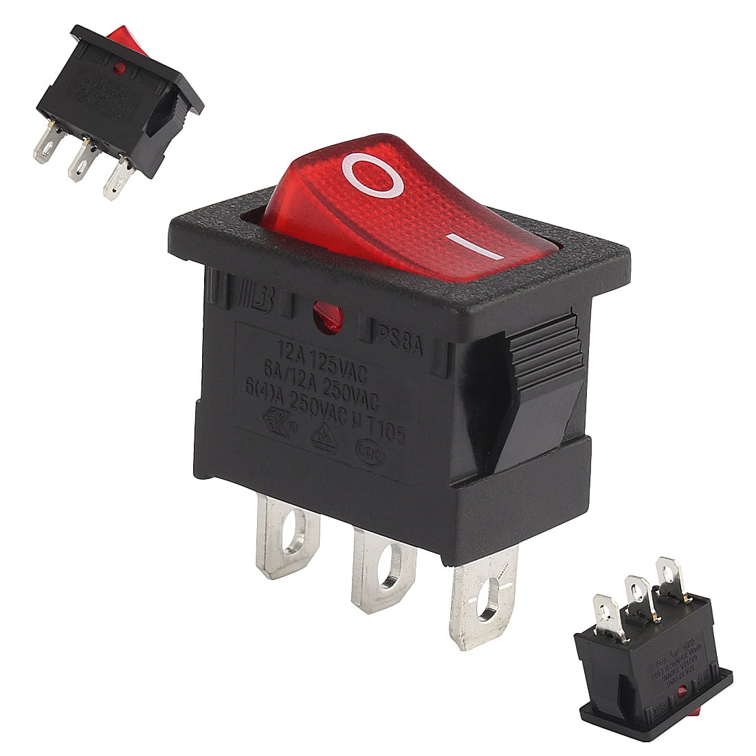 5Pcs AC 12A/125V ,6A/12A 250V SPST 3P 2 Position I/O Red Light Rocker ...