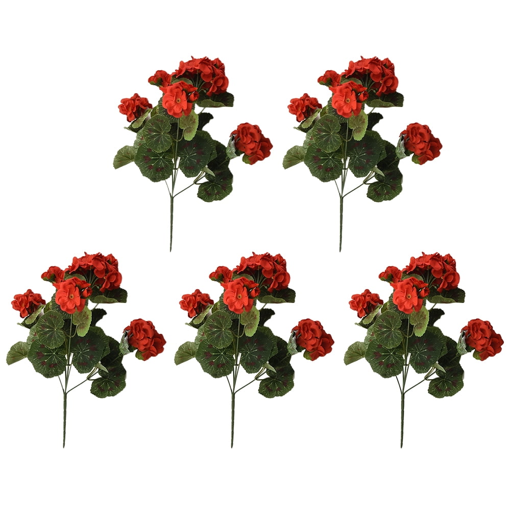 5Pcs Artificial Geranium Silk Flower Bush Red 14.4 Inches Faux Geranium ...