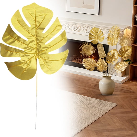 5Pcs Artificial Golden Leaves with Stems, Fake Gold Monstera Palm ...
