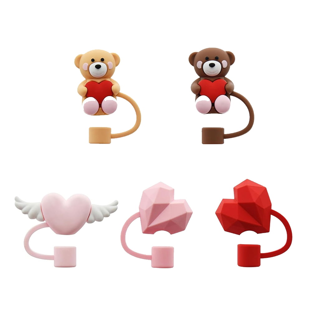 5Pcs Bear Heart Silicones Straw Cover Caps Drinkings Straw Tip Lid ...