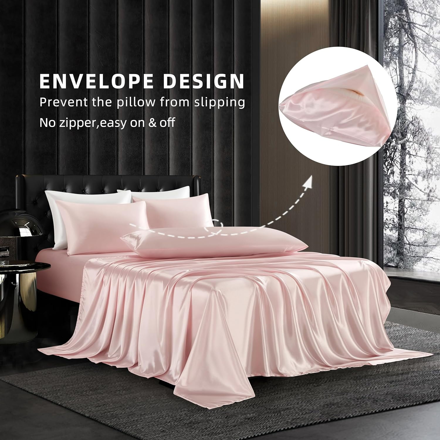 5Pcs Blush Pink Satin Sheet Set - Full Size, Soft & Wrinkle- Bedding ...
