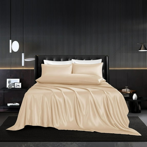 5Pcs Champagne Silk Sheets Queen Satin Sheets Set Queen Size Sheets ...