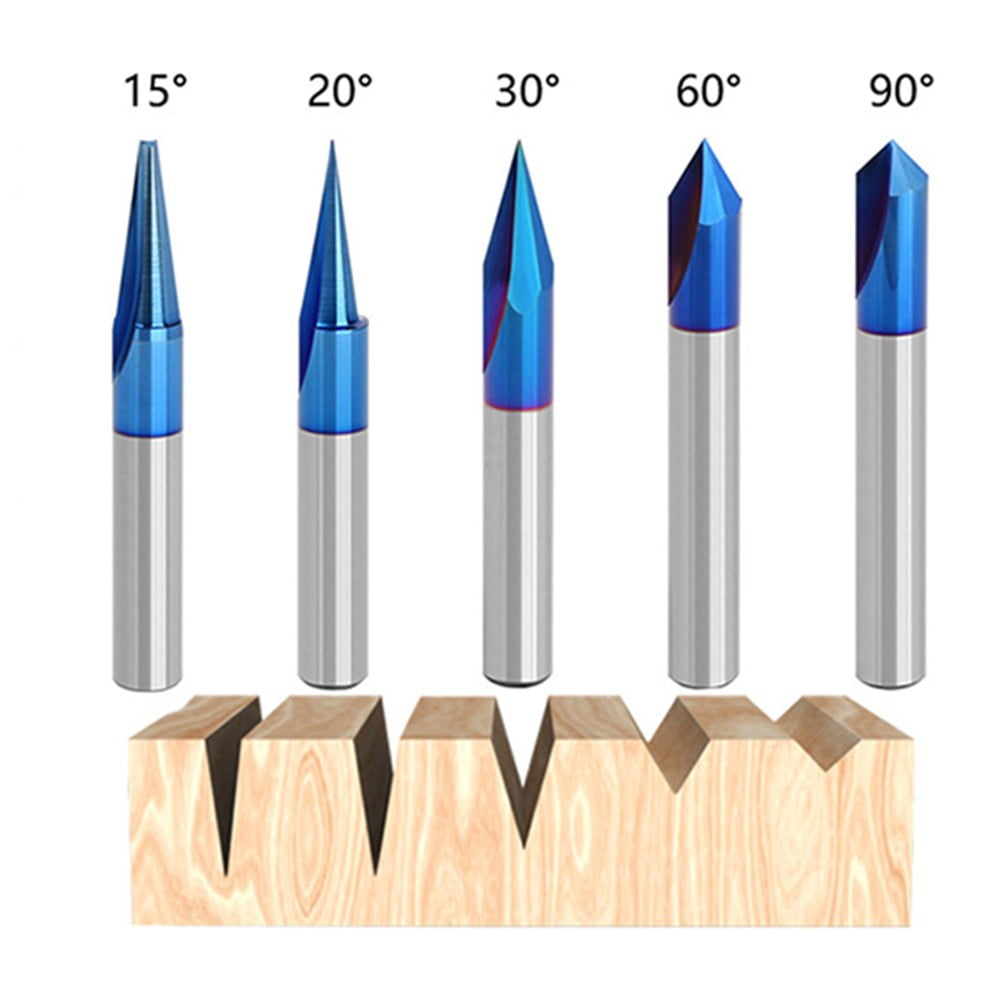 5PCS CNC Wood Carving Router Bits Set 15/20/30/60/90 Degree V Groove ...