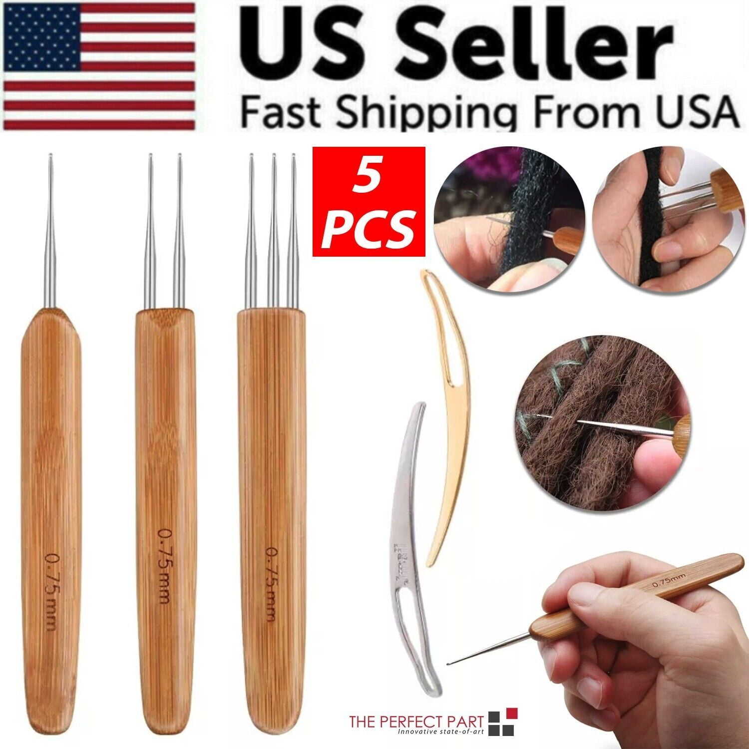 5Pcs DIY Crochet Needle Hook Bamboo Handle Dread Knit Hair Making ...