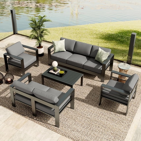 5Pcs Dark Gray Aluminum Outdoor Patio Set, Sectional Sofa 7-Seat with ...