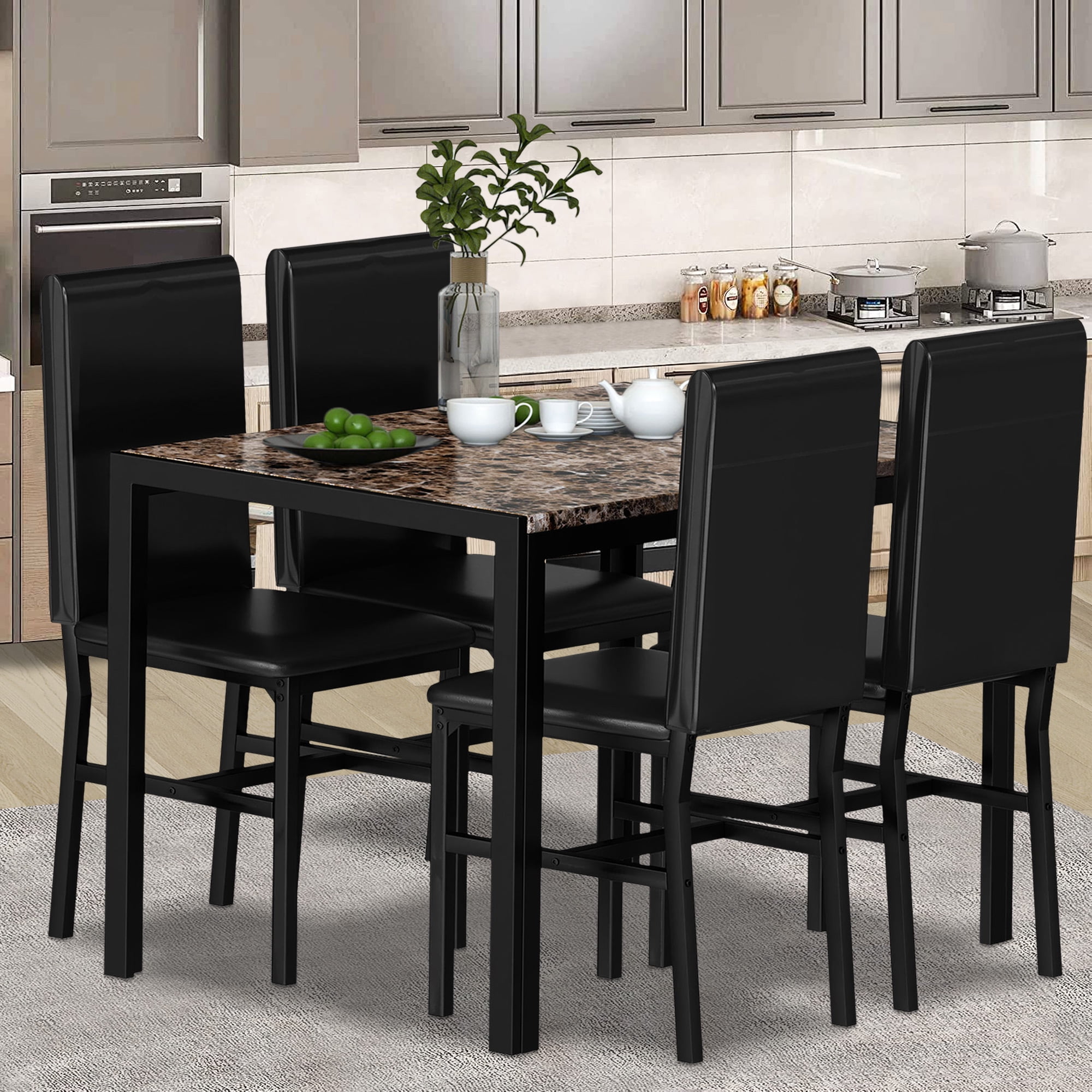 5Pcs Dining Set, Black Faux Marble Rectangular Table with 4 Dinner ...