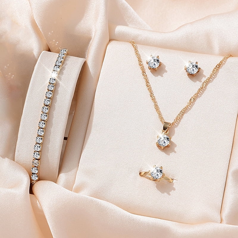 5Pcs Elegant Crystal Jewelry Sets For Women Necklace Earrings Ring ...
