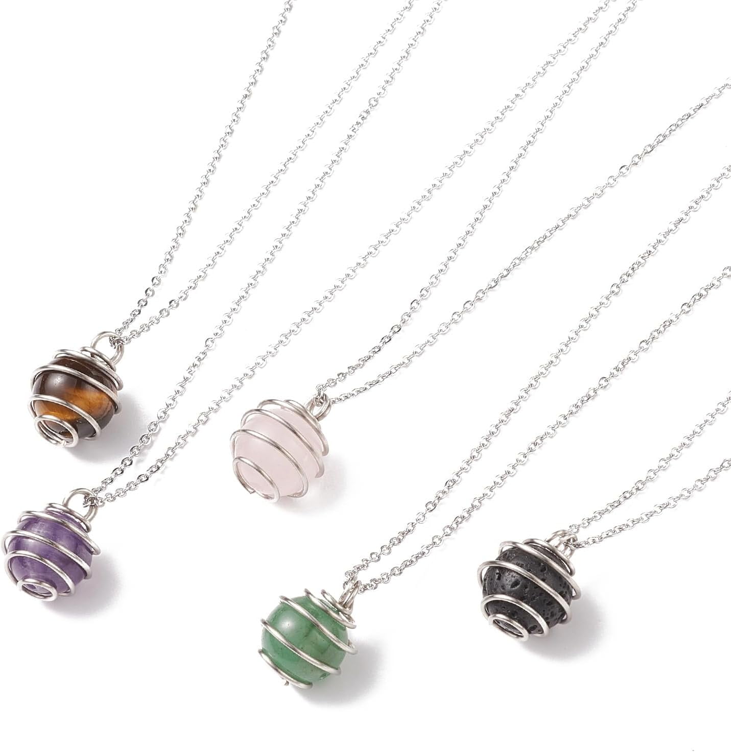 5Pcs Gemstone Cage Pendant Necklace with 304 Stainless Steel Cable ...
