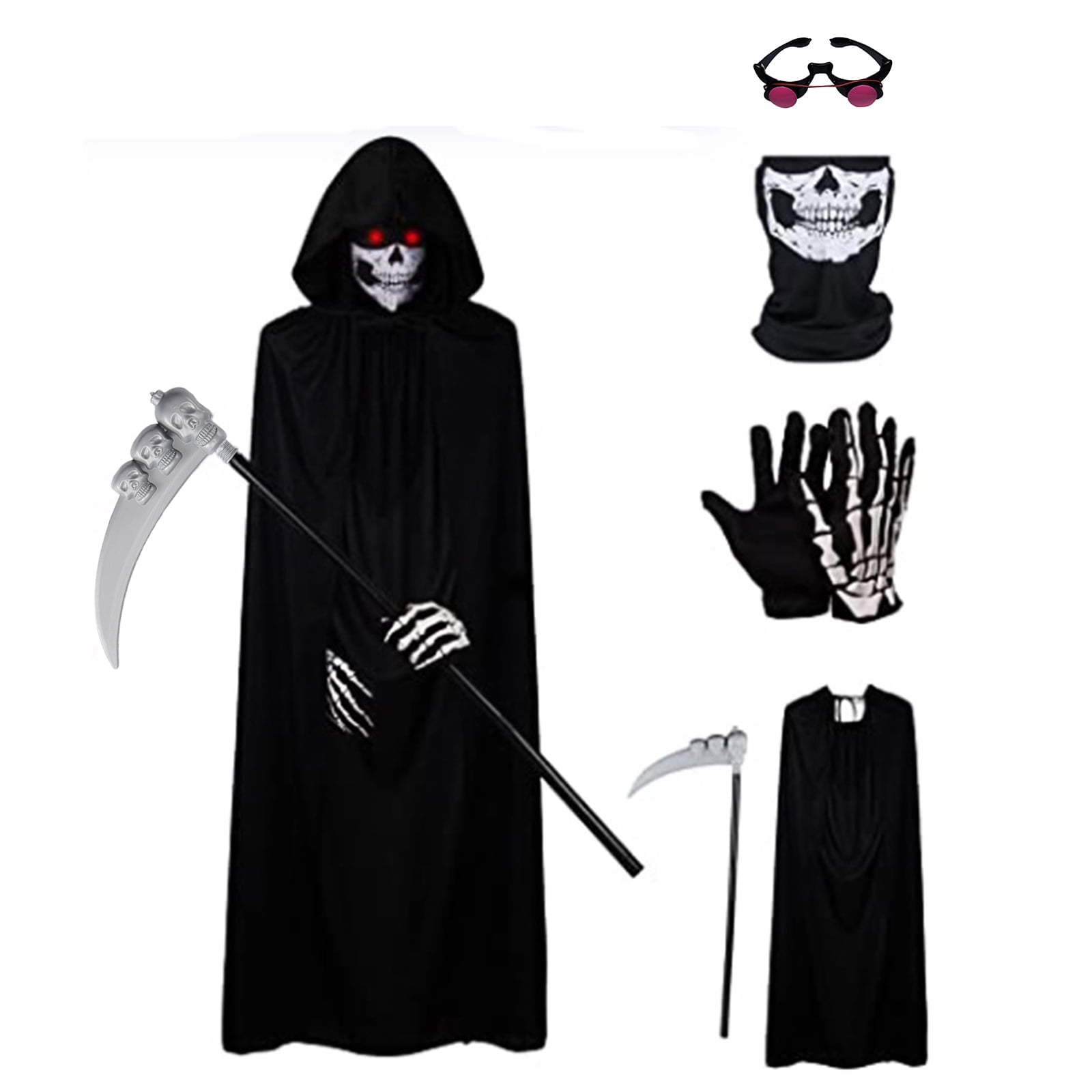 5Pcs Grim Reaper Costume with Glowing Red Eyes Scythe Cosplay, Death ...