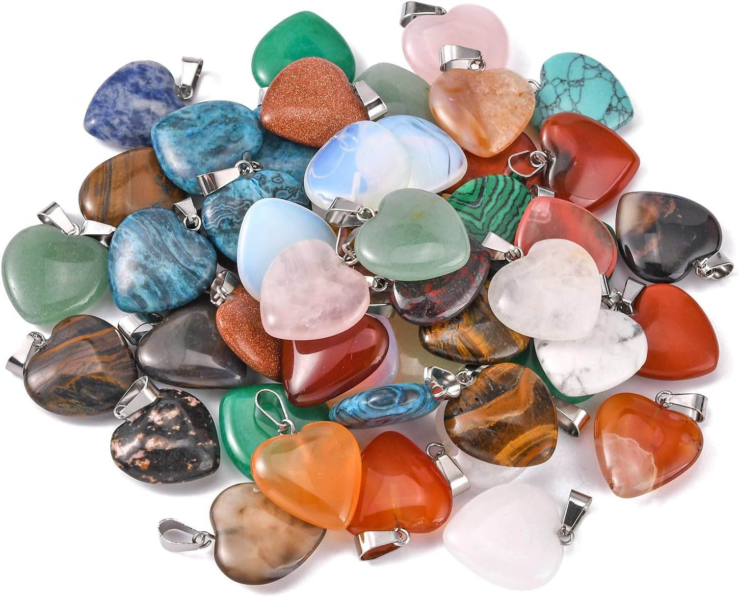 5Pcs Heart Natural Mixed Stone Pendants Pendants Charms with Platinum Tone Brass Findings Heart ...