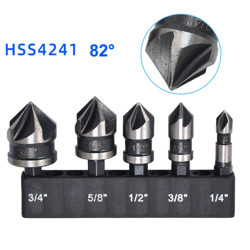 5Pcs Hex Shank 5 Flute Metal M35 Cobalt Countersink Drill Bit Set 82 ...