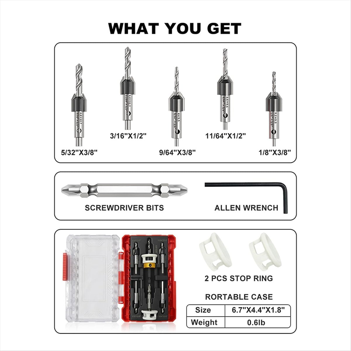 5Pcs Hex Shank Countersink Drill Bits Set with Low Friction Depth Stop,1/4 Inch Quick Change Hex ...