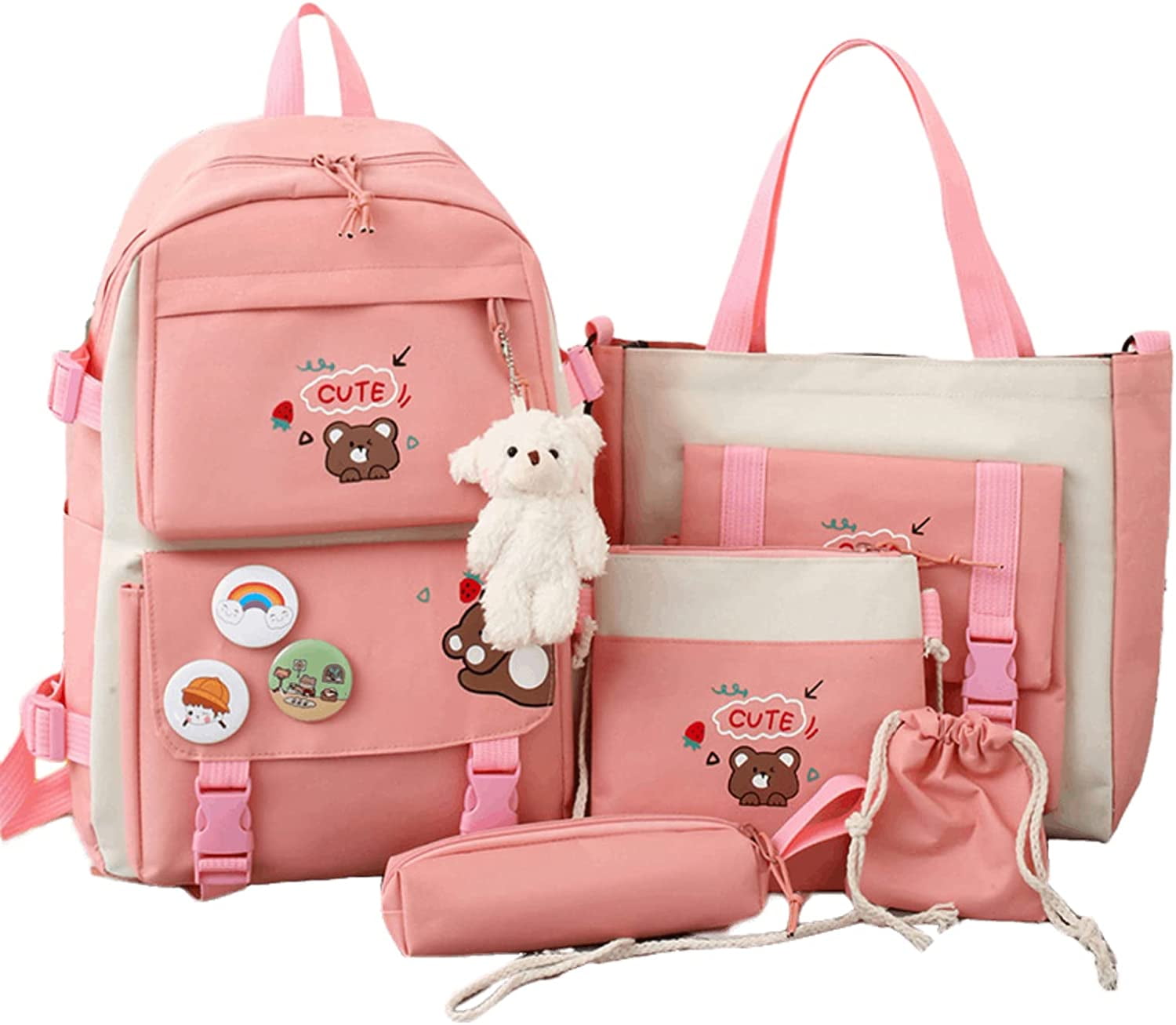 5Pcs Kawaii Cute Backpacks Combo Set with Bear Pendant & Pins - Back To ...