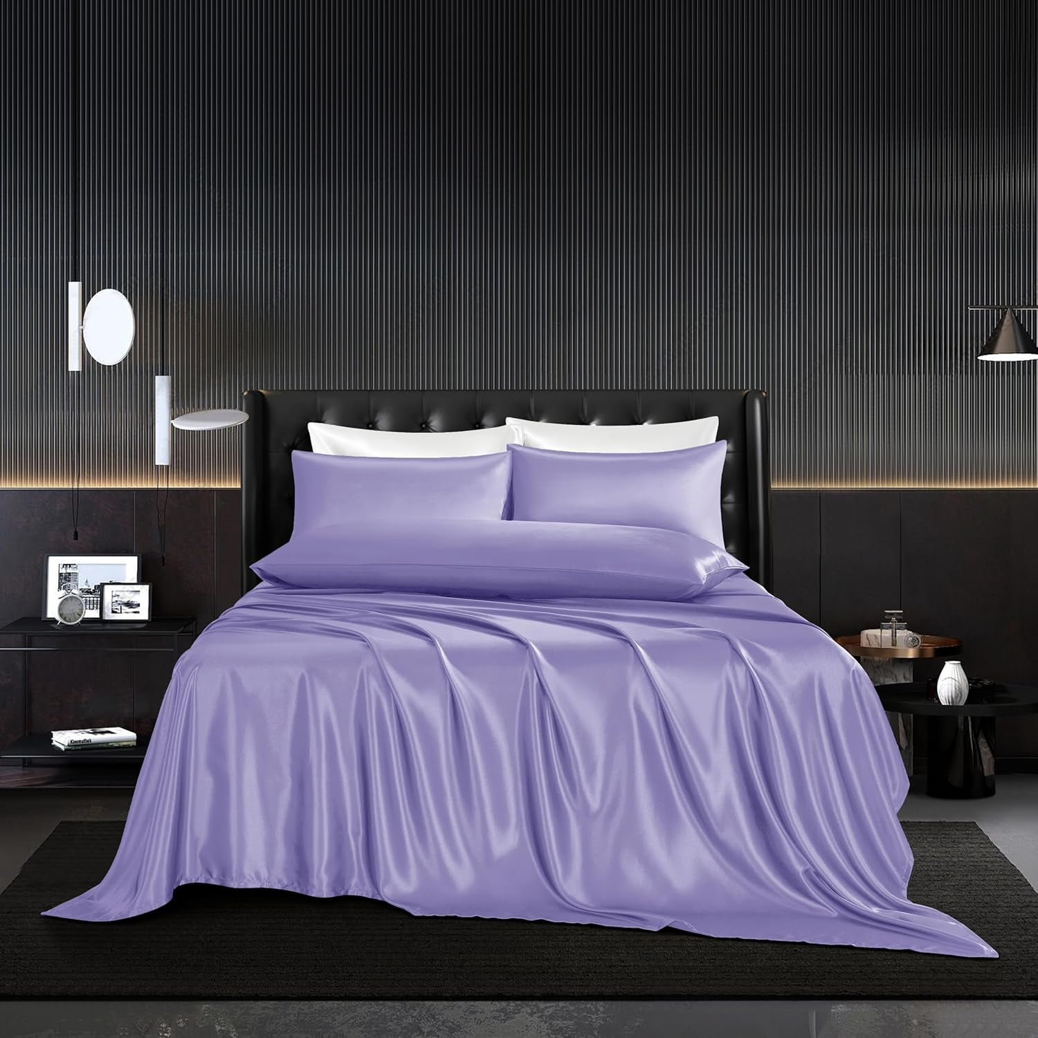 5Pcs Lavender Silk King Size Sheet Set - Satin Bedding With 1 Flat ...