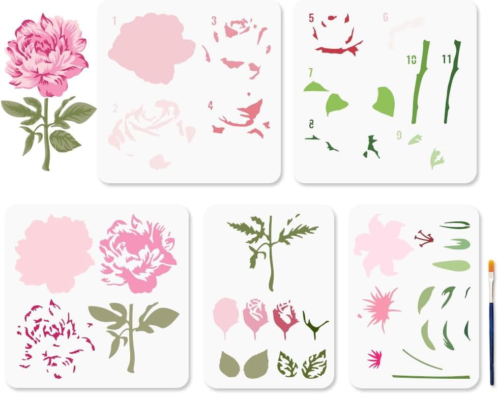 5Pcs Layered Peony Flower Stencils Lily Flower Painting Stencil 11.8x11 ...