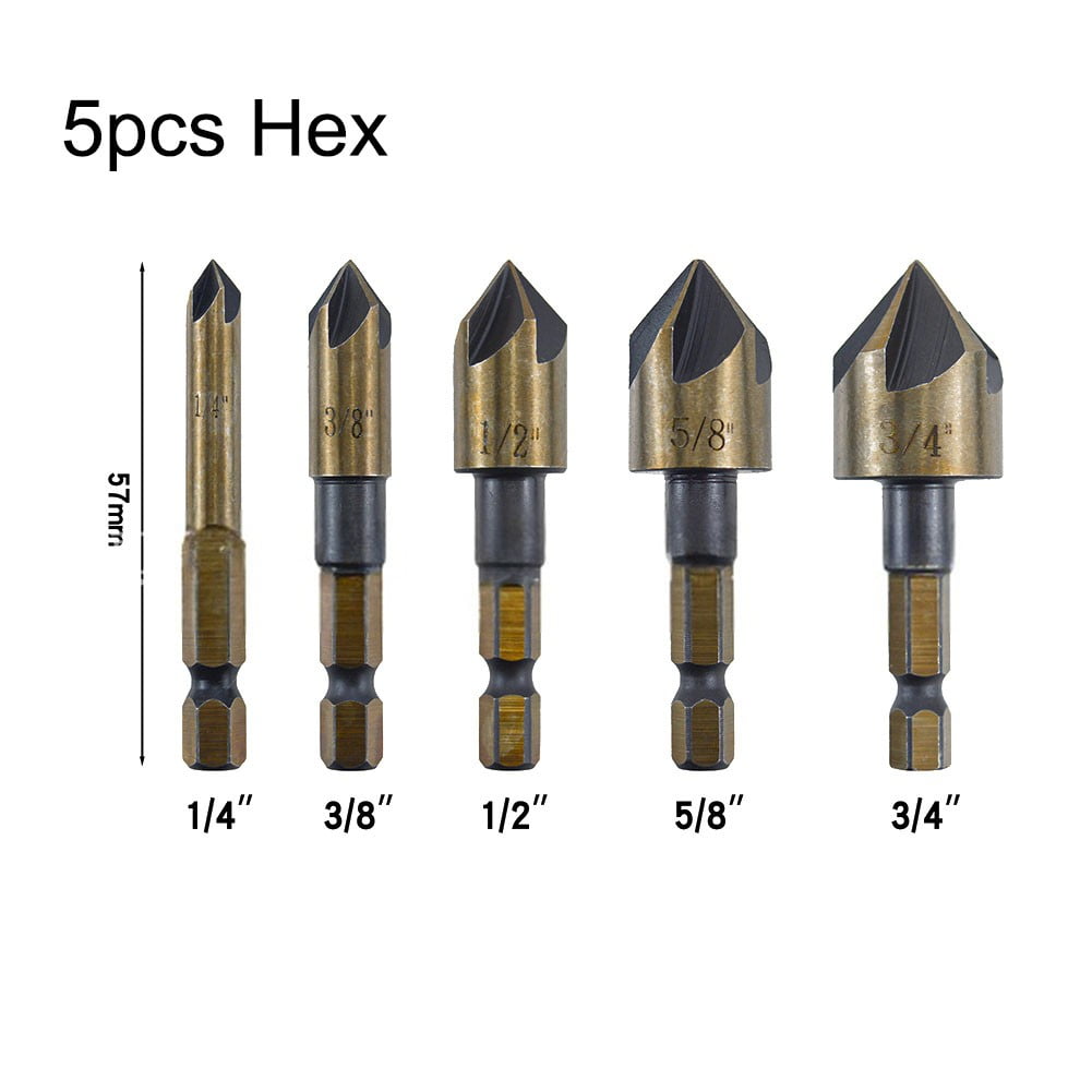 5Pcs M35 Cobalt Countersink Drill Bit Set 82 Degree 5 Flute Hex Shank ...