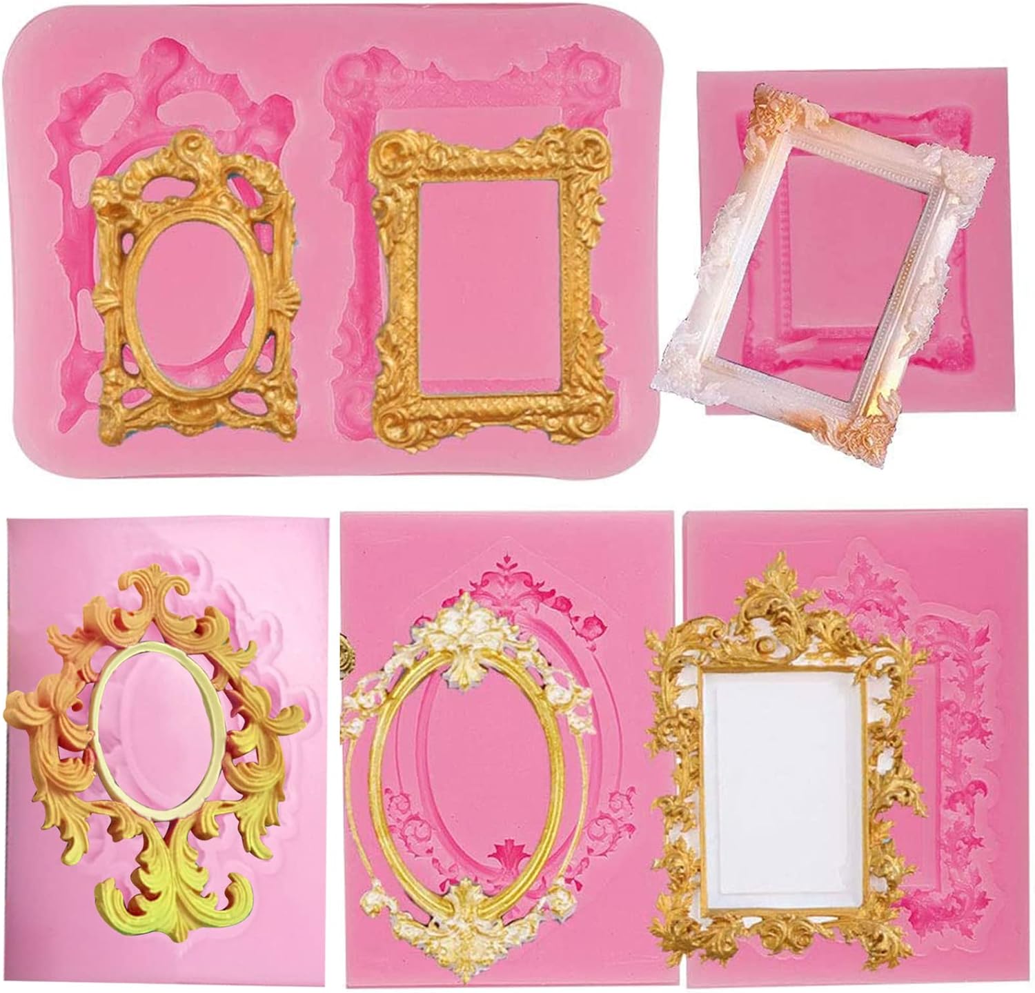 5Pcs Mirror Frame Collections Silicone molds Flat Round Fondant molds ...