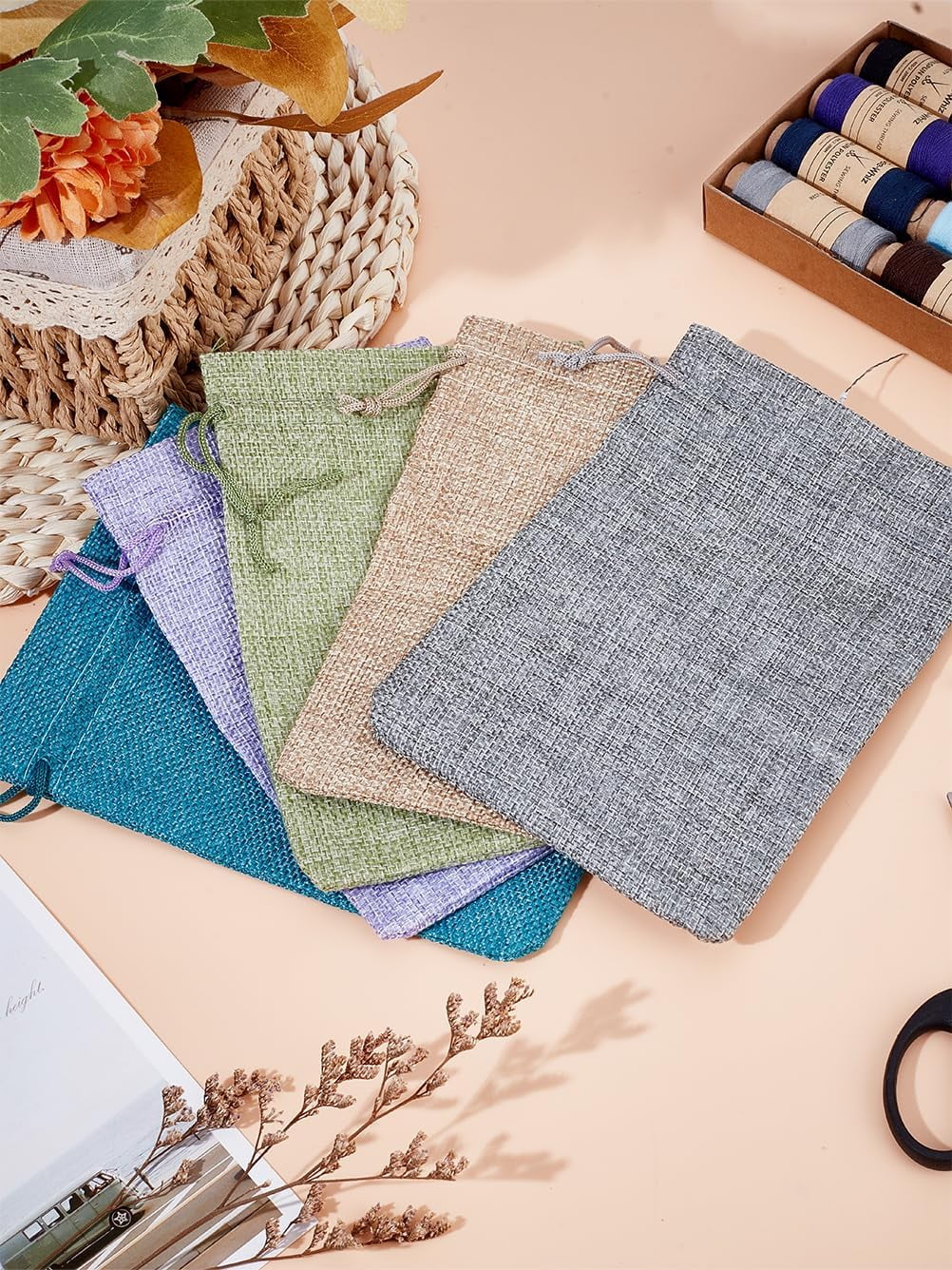 5Pcs Rectangle Burlap Drawstring Bags Polyester Imitation Burlap ...
