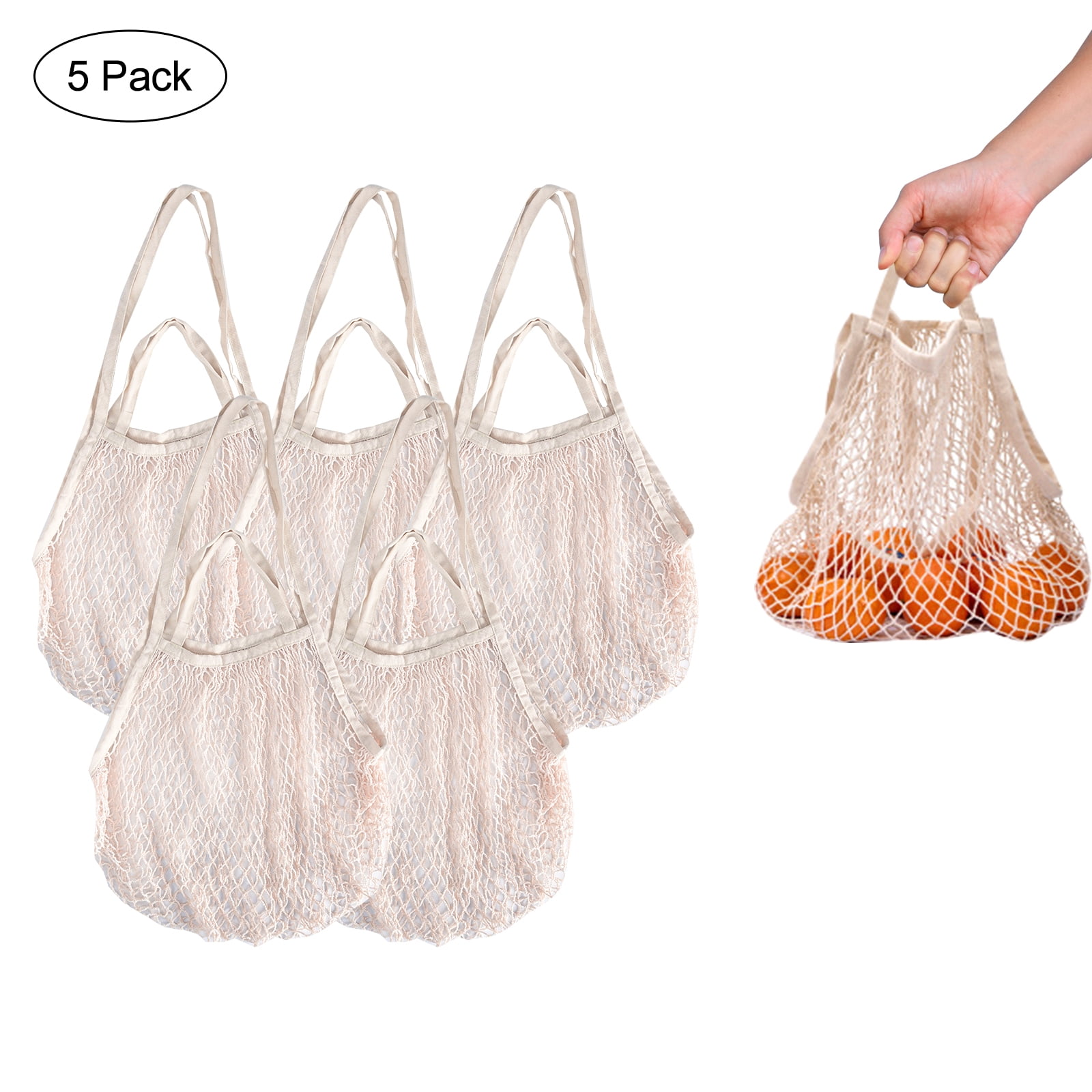 5Pcs Reusable Grocery Net Bags with Foldable Long Handles & Short ...