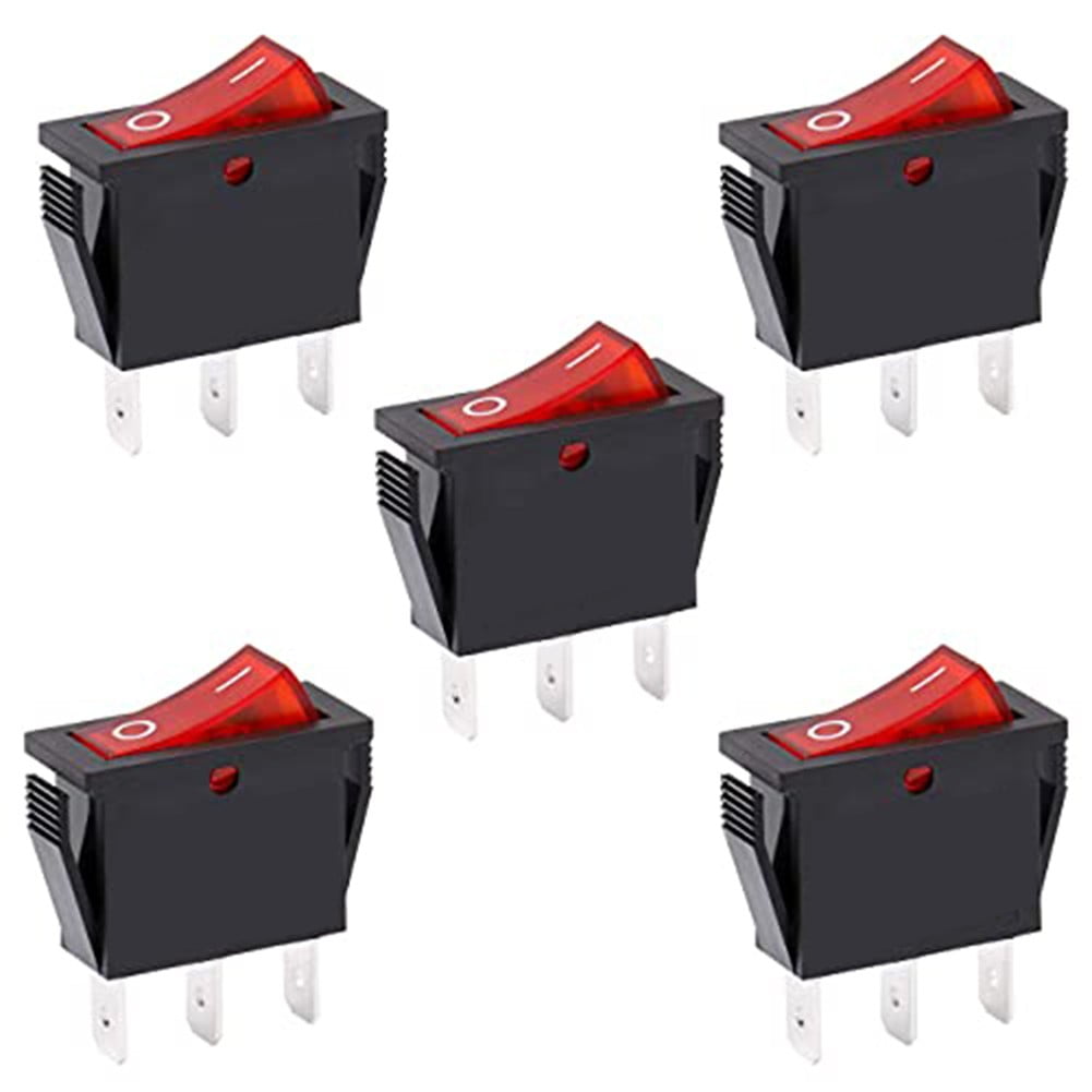 5PCS Rocker Switch ON-OFF SPST 3 Terminals Red Light 16A 250VAC Black ...