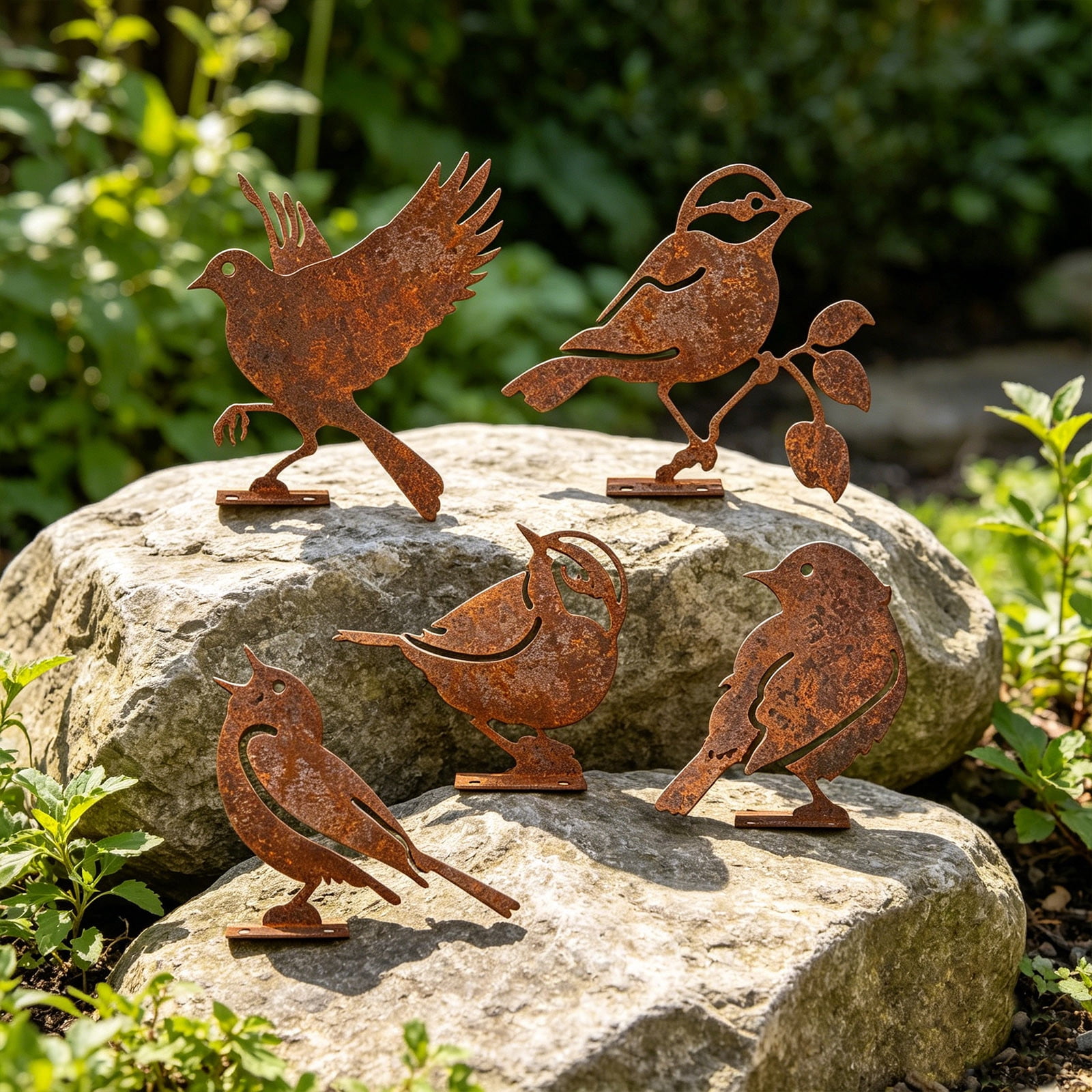 5Pcs Rustic Metal Bird Silhouettes, Weathered Iron Garden Fence Topper ...