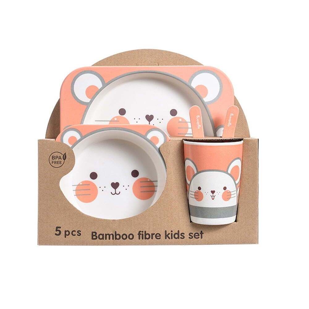 5Pcs/Set Bamboo Kids Dinnerware Set - Children Dishes - BPA Free Food Plate Bowl Cup Spoon Fork ...