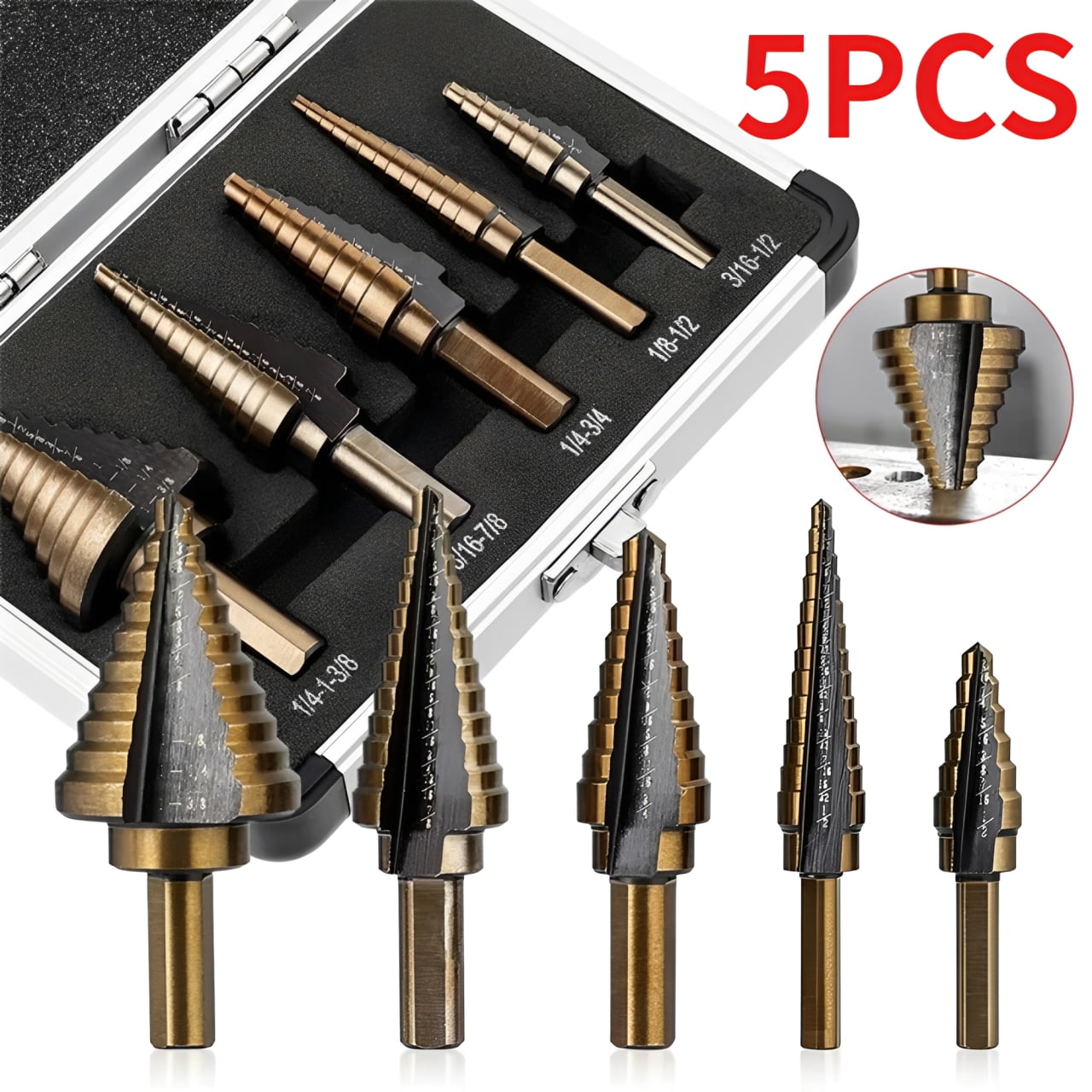 5Pcs Step Drill Bit Set , HSS Titanium Step Drill Bit Set for Metal ...