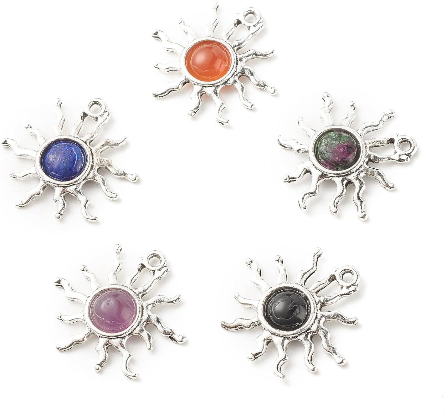 5Pcs Sun Natural Gemstone Pendants Pendant Necklace with Antique Silver ...