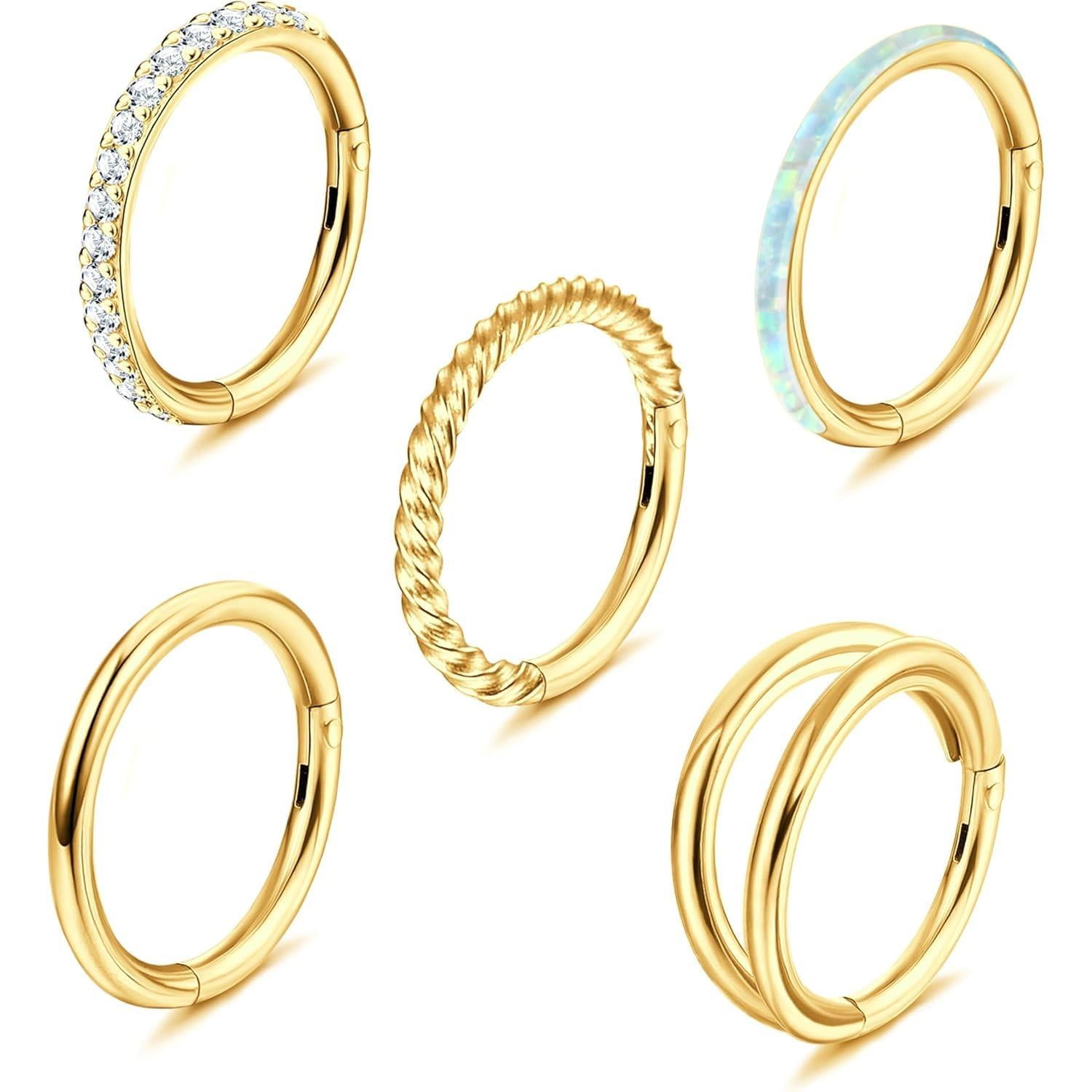 5Pcs Surgical Steel Nose Rings Hoop for Women Opal CZ Clicker Hinged ...